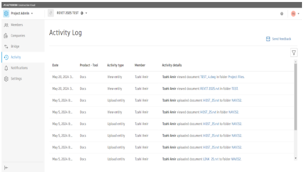 צפייה ב-Activity Log בפרויקטים ב-ACC - TeamCAD